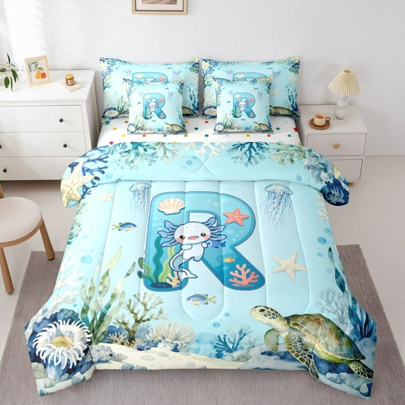 Feelyou Blue Initial R Twin Bedding Sets 7pcs, Ocean Axolotl Animal ...