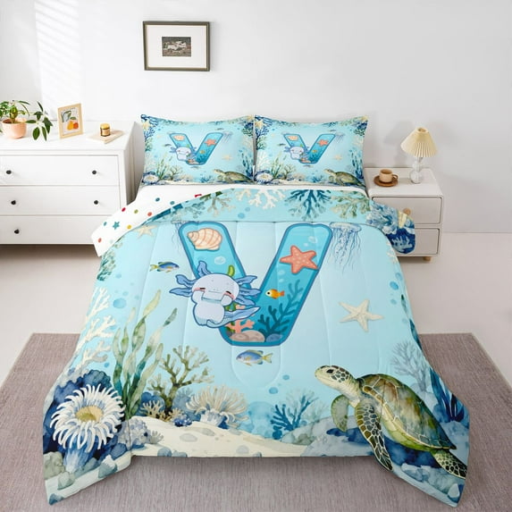 Feelyou Blue Initial V Child Queen Comforter Set, Ocean Axolotl Animal ...
