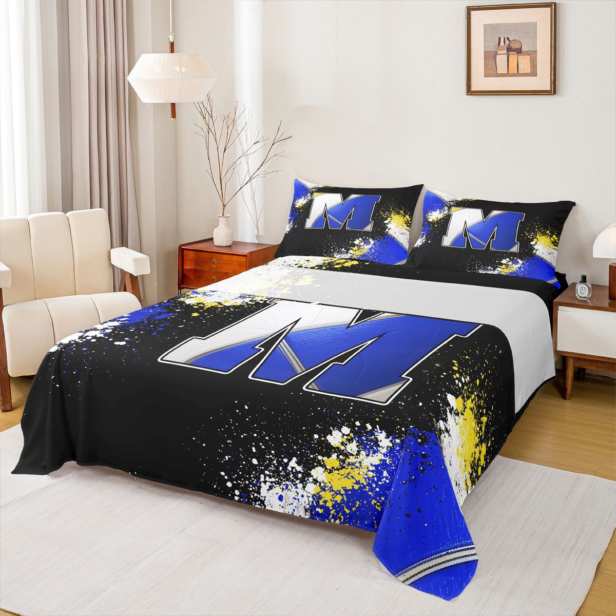 Feelyou Blue Monogrammed M Full Size Sheets for Kids, Chic Splatter ...