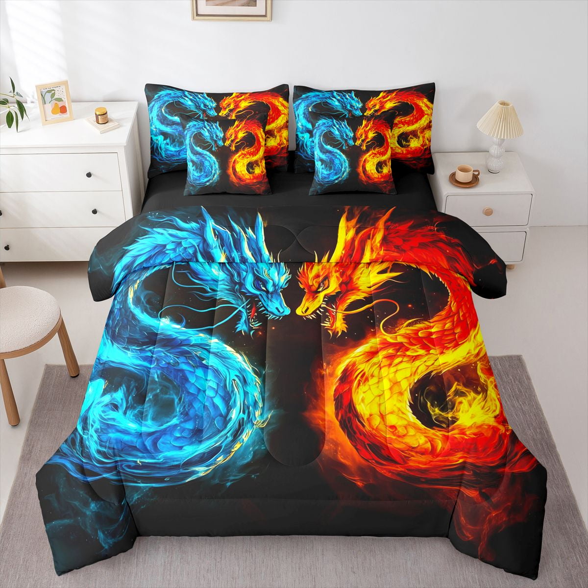 Feelyou Blue Orange Dragon Bedding Comforter Set 7pcs, Magic Animal ...