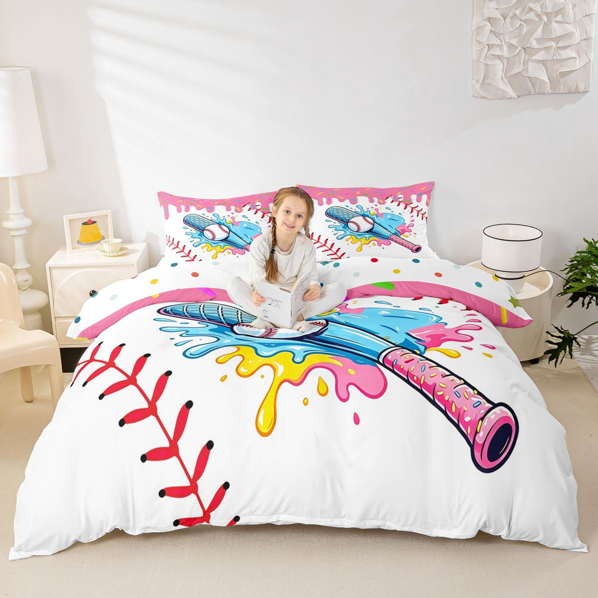 Feelyou Blue Pink Baseball Ice Cream Duvet Cover Queen for Girls ...