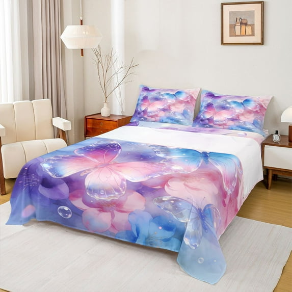 Feelyou Blue Purple Butterfly Queen Sheet Sets, Dreamy Animal Bed Set ...
