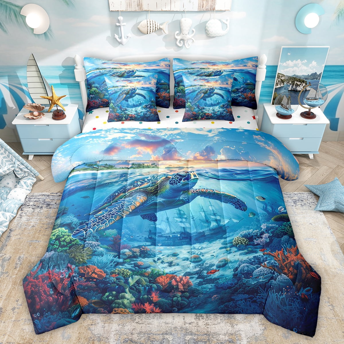 Feelyou Blue Sea Turtle Kid Bedding Comforter Set 7pcs, Underwater ...