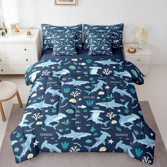 Feelyou Blue Shark Bedding Comforter Set 7pcs, Ocean Seashell Starfish ...