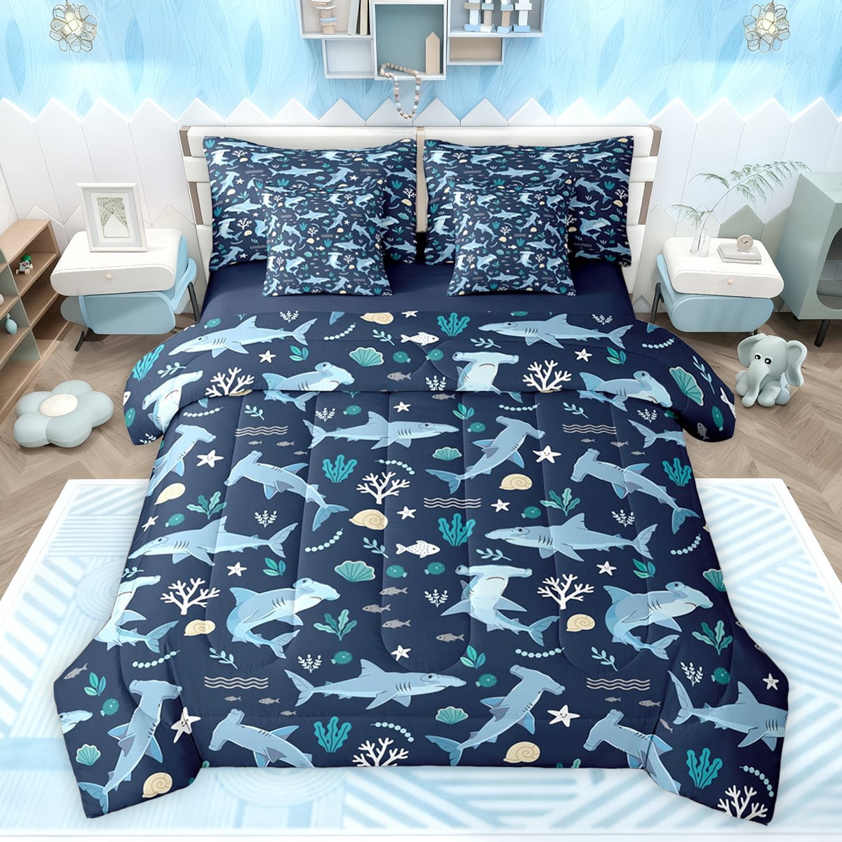 Feelyou Blue Shark Bedding Comforter Set 7pcs, Ocean Seashell Starfish ...