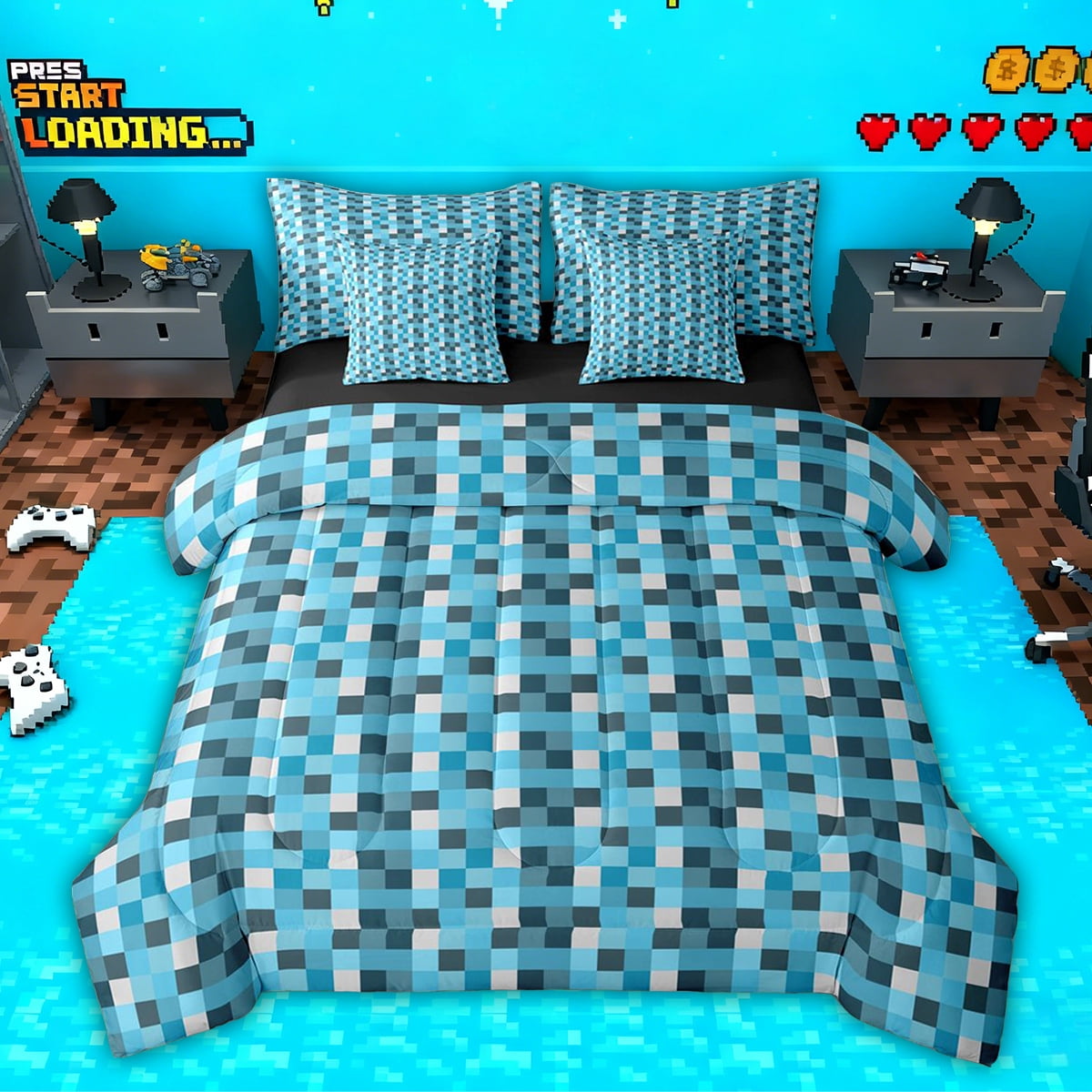 Feelyou Blue Square Abstract Comforter Set 7pcs, Pixel Grid Miners Full ...