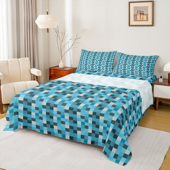 Feelyou Blue Square Abstract Queen Sheet Sets, Pixel Grid Miners Bed ...