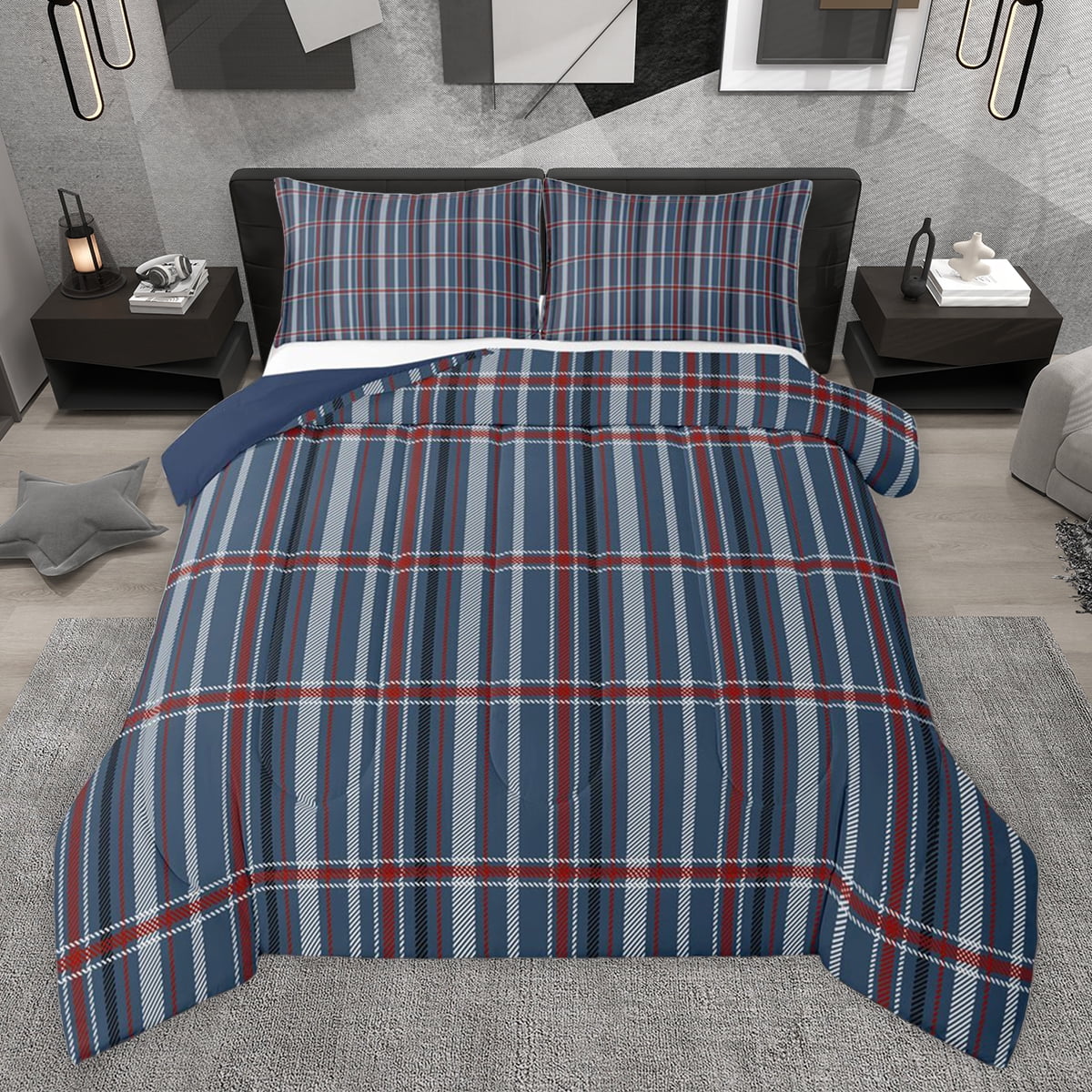 Feelyou Blue Square Plaid Twin Comforter Sets, Vintage Abstract Bedding ...