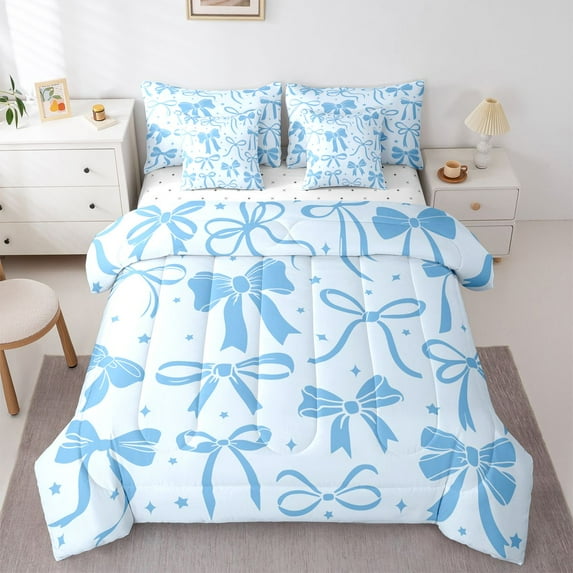 Feelyou Blue Vintage Bow Bedding Comforter Set 7pcs, Princess Ribbon ...