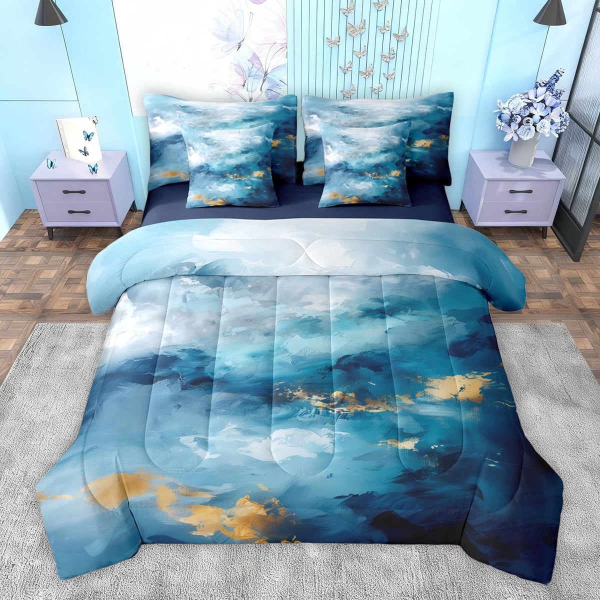 Feelyou Blue Watercolor Teen Bedding Comforter Set 7pcs, Modern Marble ...