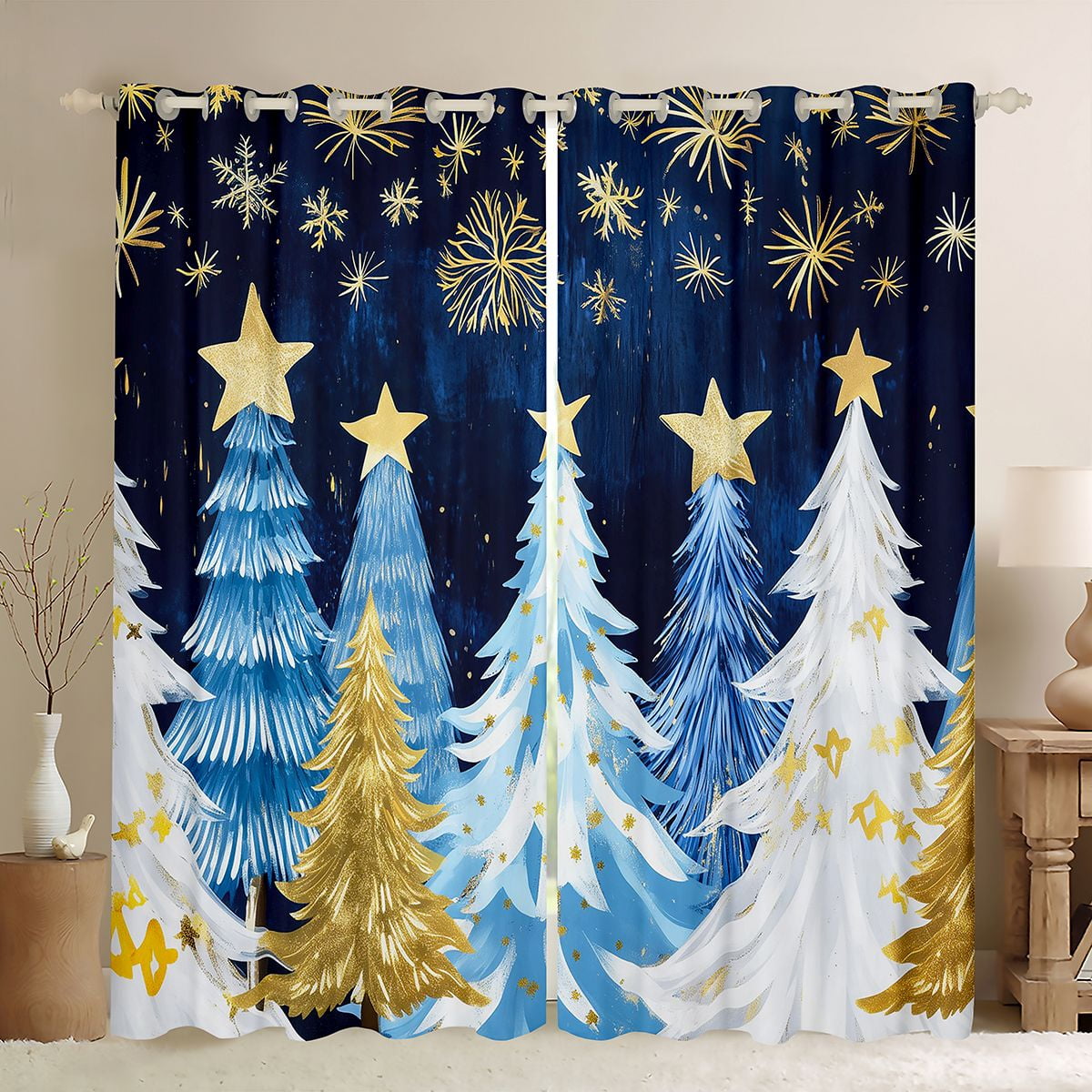Feelyou Blue Xmas Tree Blackout Curtains Set of 2 (52x84 Each) for ...