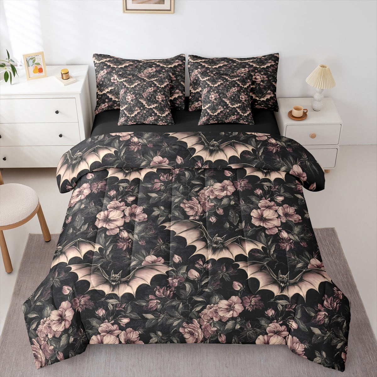 Feelyou Bohemian Gothic Bat Bedding Comforter Set 7pcs, Romantic Flower ...