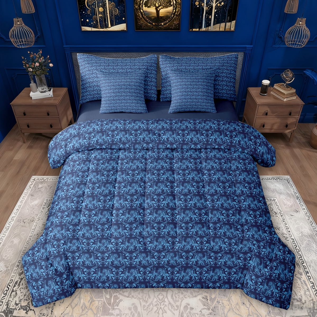 Feelyou Boho Damask Bedding Comforter Set 7 Pieces, Blue Western Dragon ...