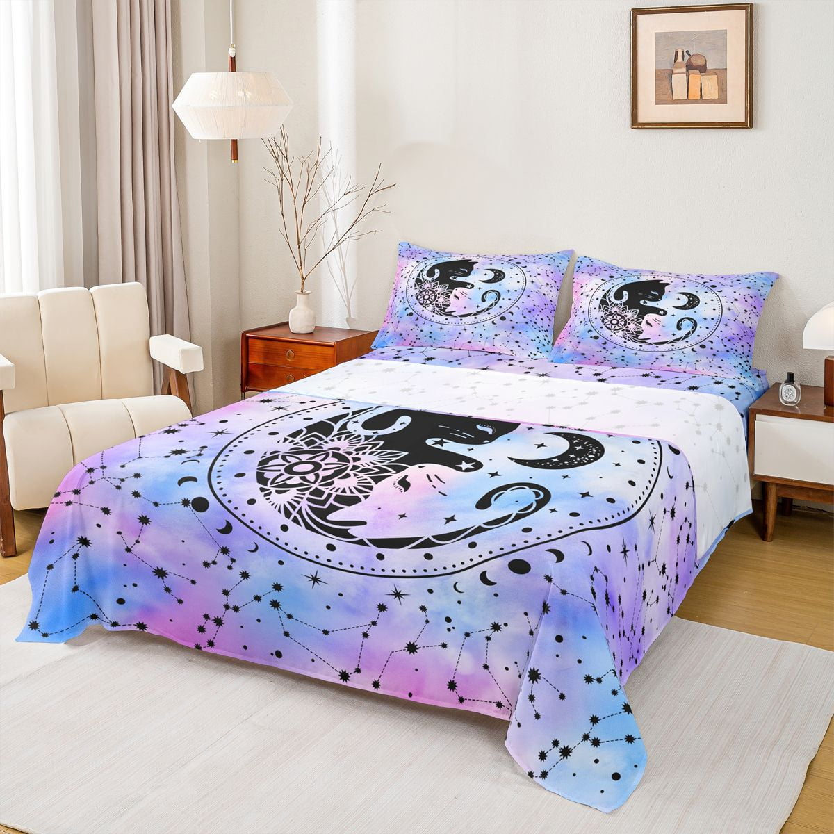 Feelyou Boho Damask Flower Queen Sheet Sets, Mystic Constellation Bed ...