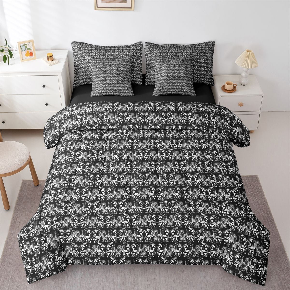Feelyou Boho Damask Teen Bedding Comforter Set 7pcs, Black Magic Dragon ...