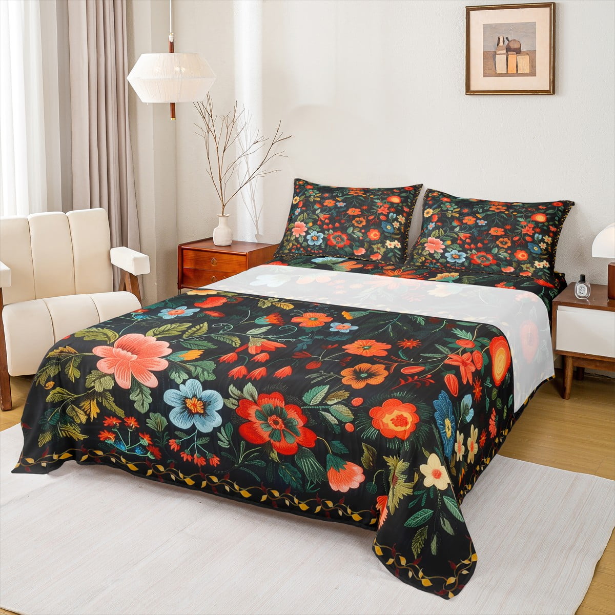 Feelyou Boho Farmhouse Floral Full Size Sheets, Mid Century Fashion Bed ...