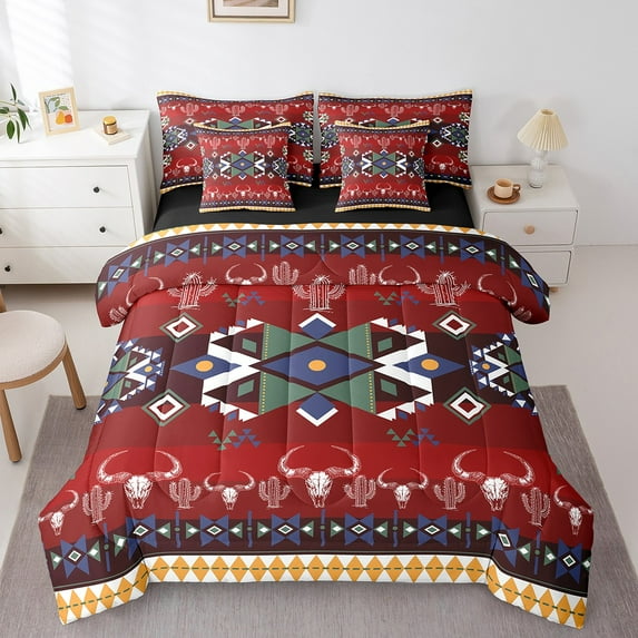 Feelyou Boho Hippie Aztec Bedding Comforter Set 7pcs for Women, Red ...