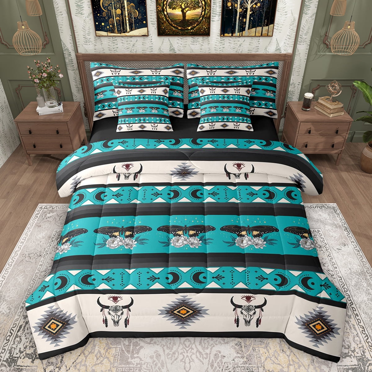 Feelyou Boho Moth Aztec Bedding Comforter Set 7pcs, Moon Sheep Skeleton ...
