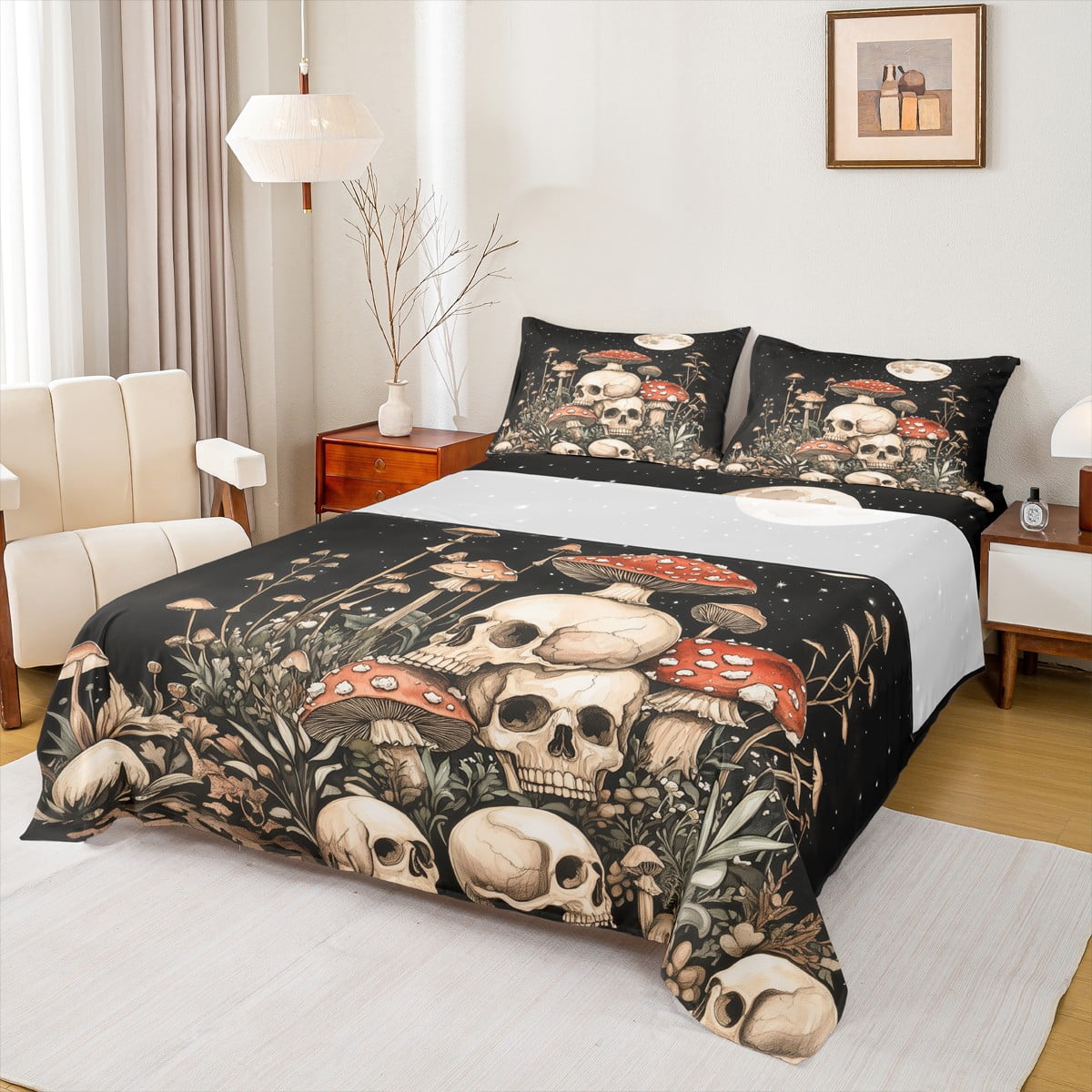 Feelyou Boho Skeleton Queen Sheet Sets, Hippie Mandala Halloween Flat Sheet, Jungle Mushroom ...