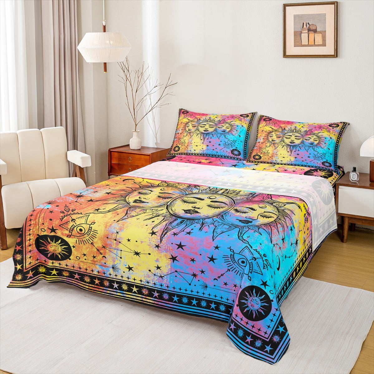 Feelyou Boho Sun Moon Queen Sheet Sets, Psychedelic Stars Flat Sheet, Hippie Celestial Astrology ...
