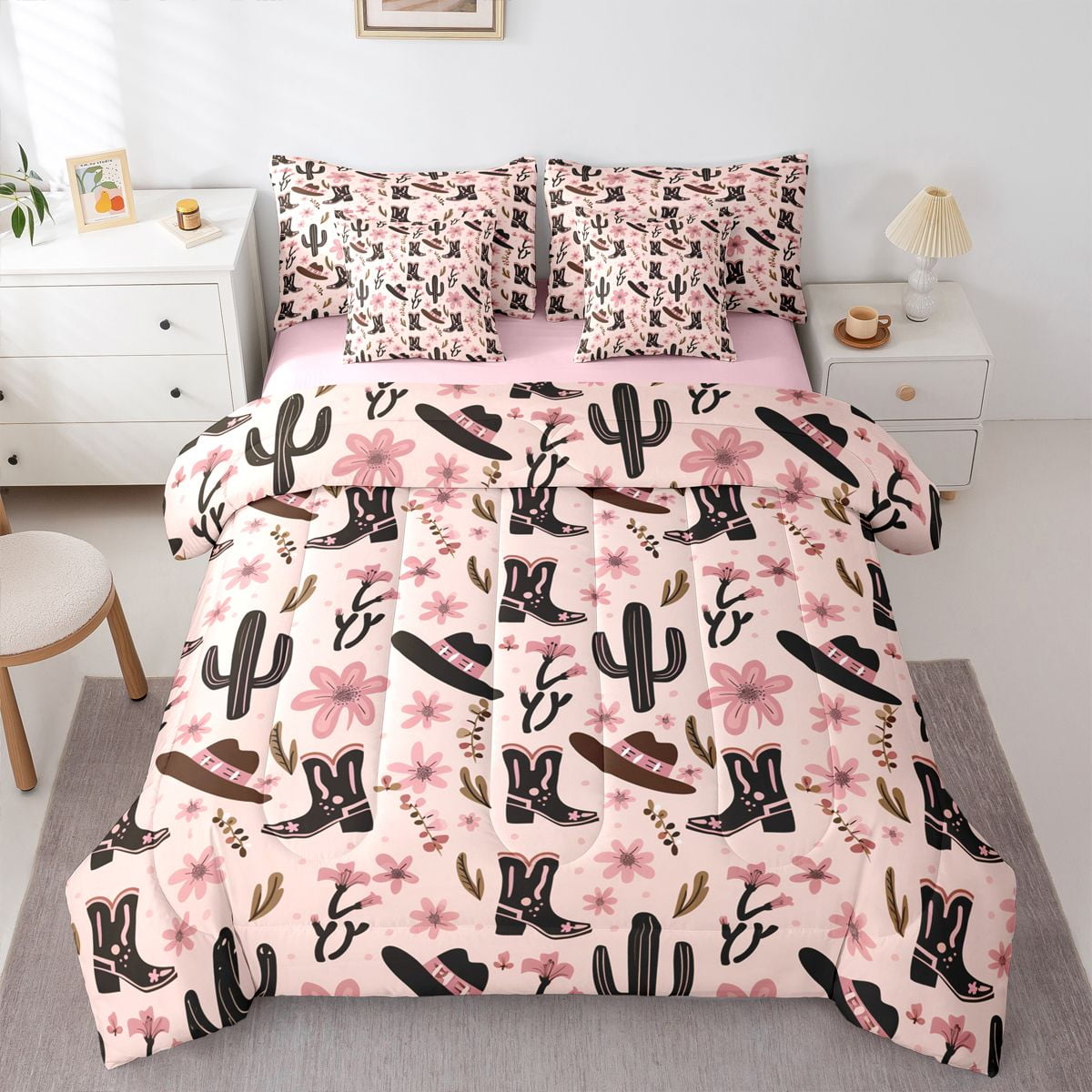 Feelyou Boho Western Boot Bedding Comforter Set 7pcs, Cherry Blossoms ...