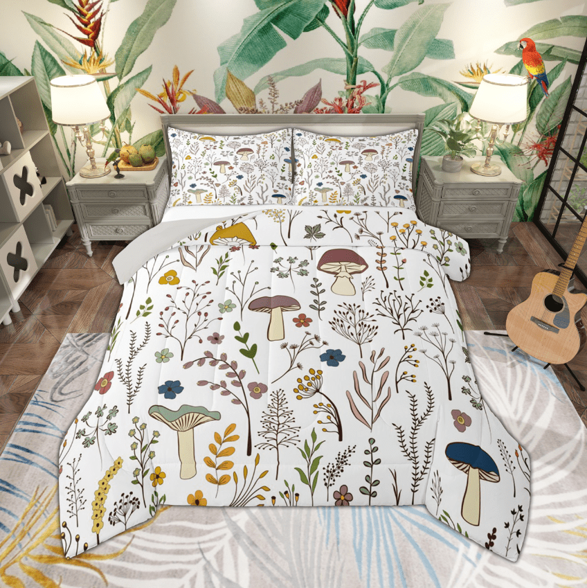 Feelyou Botanical Mushroom King Size Comforter Sets, Colorful Leaves Bedding Comforter Set ...