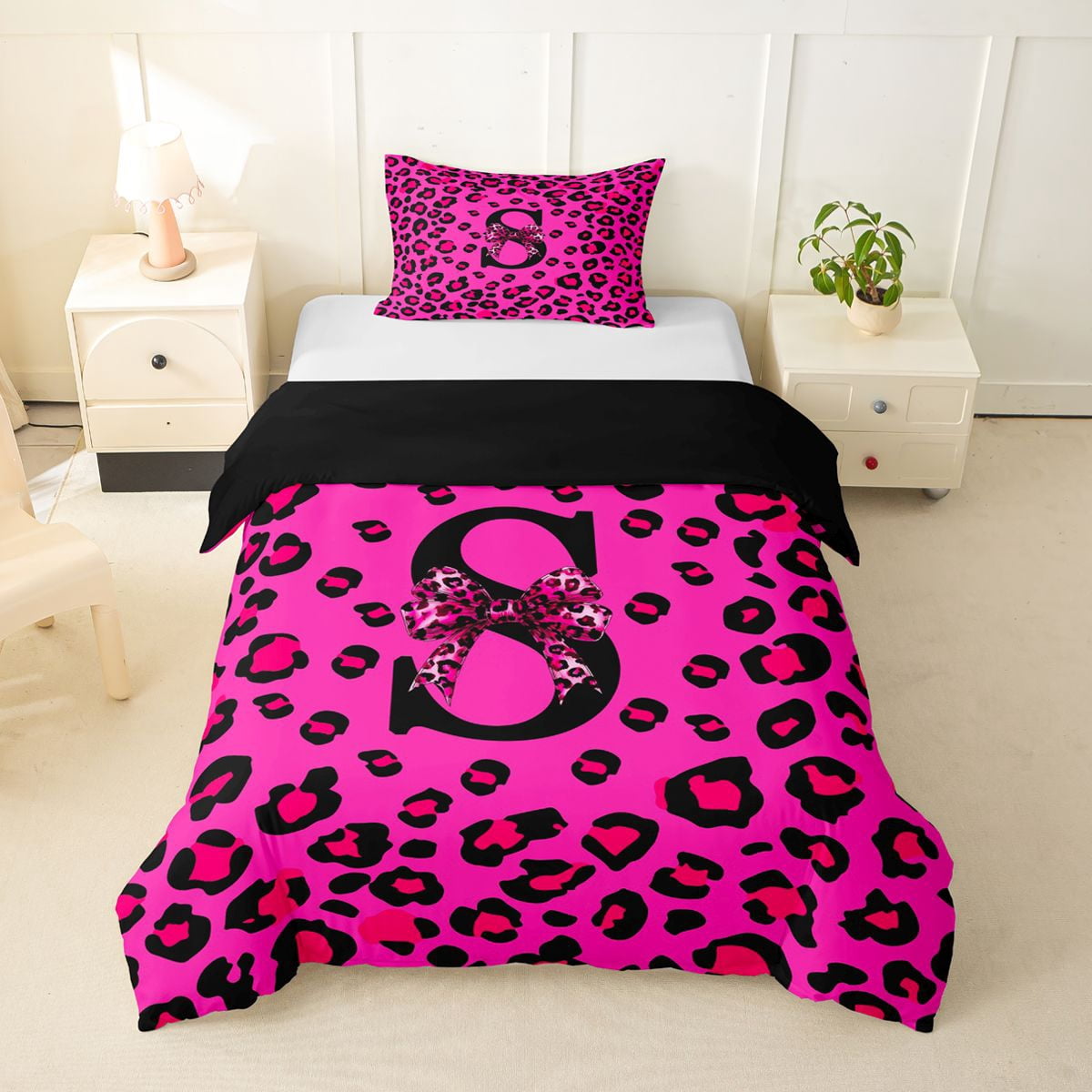 Feelyou Bow Alphabet S Twin Duvet Cover for Girls, Stylish Leopard ...