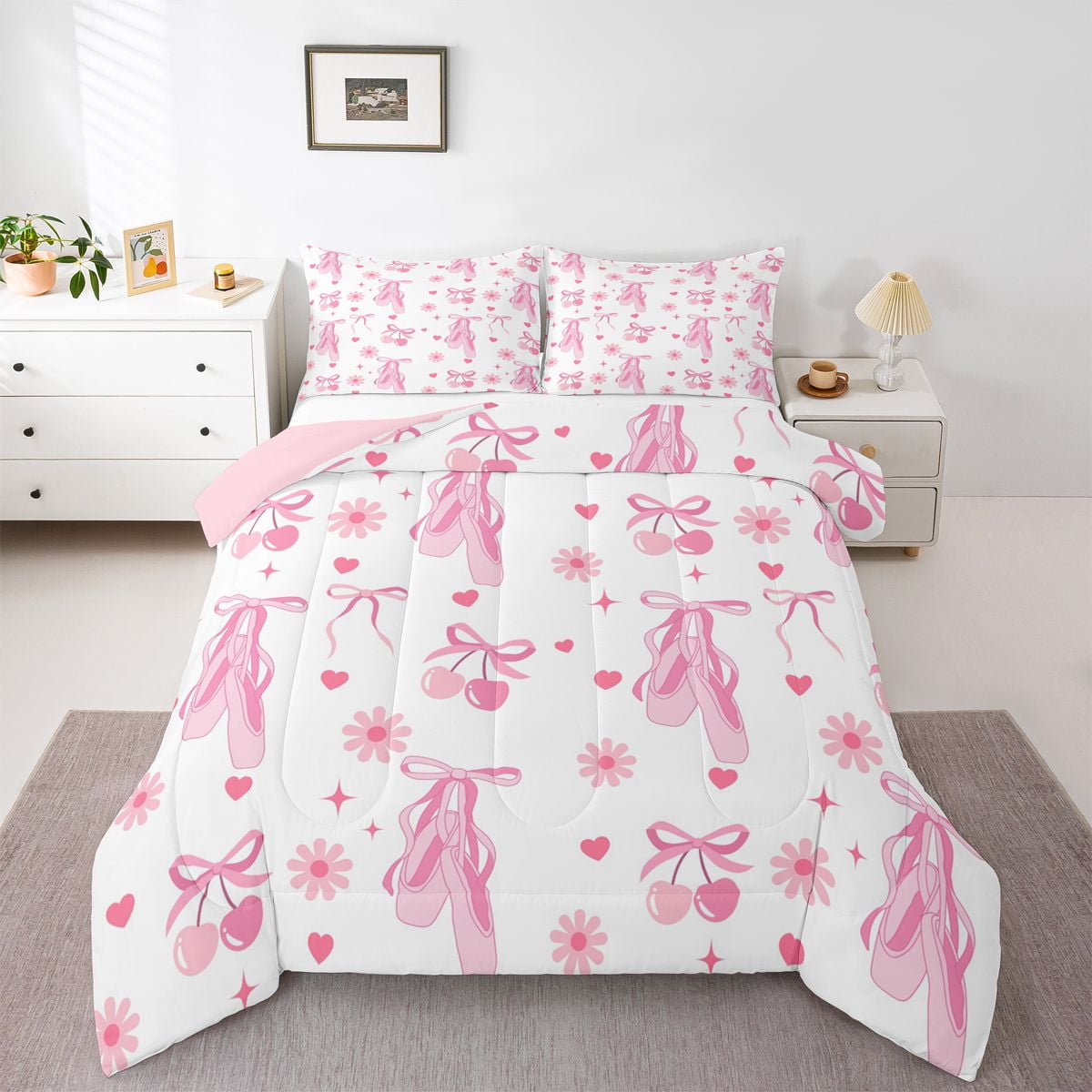 Feelyou Bow Ballet Shoes Queen Comforter Set, Flower Bedding Comforter ...