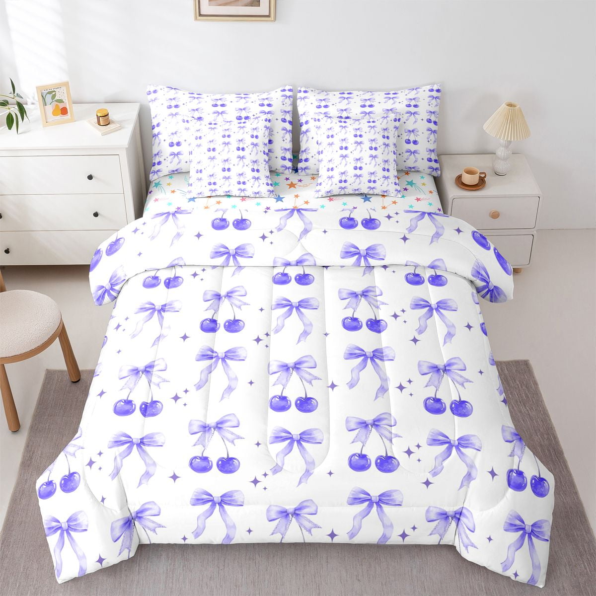 Feelyou Bow Cherry Bedding Comforter Set 7 Pieces, Purple Stars Queen ...