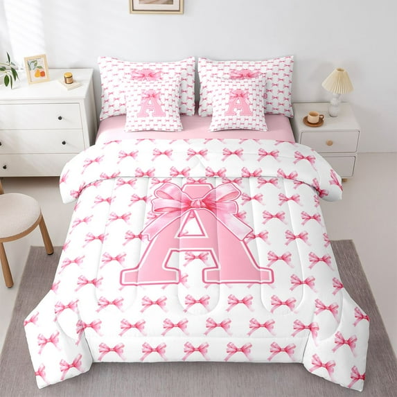 Feelyou Bow Letter A Bedding Comforter Set 7 Pieces, Cute Ribbon Queen ...