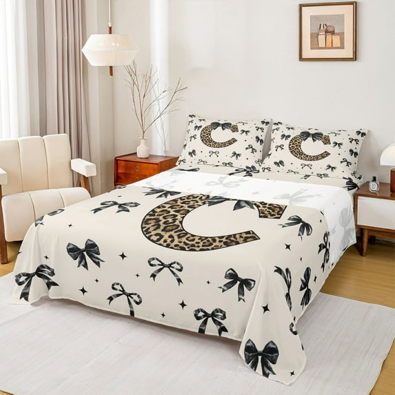 Feelyou Bow Monogrammed C Queen Sheet Sets, Kawaii Princess Bowknot Bed ...