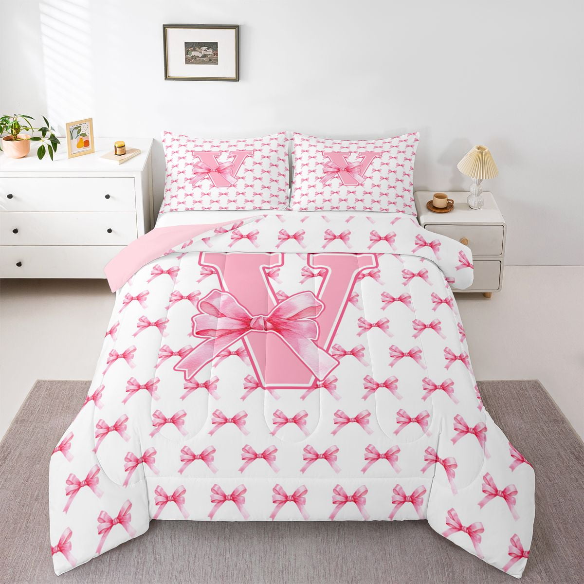 Feelyou Bow Monogrammed V Queen Comforter Set, Cartoon Bedding ...