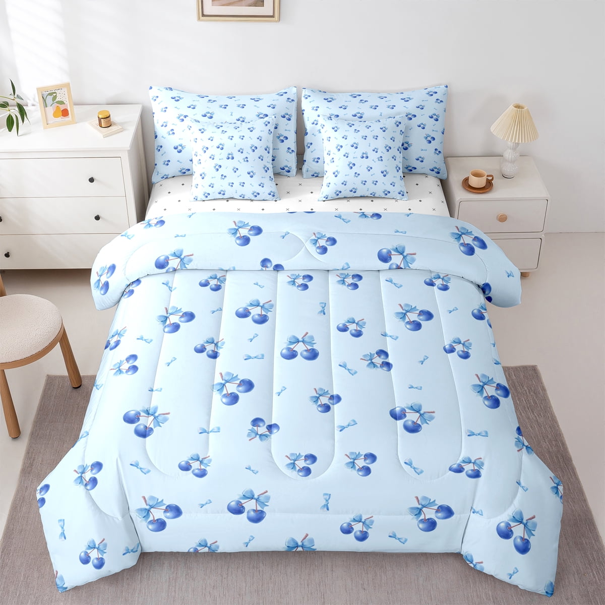 Feelyou Bowknot Cherry Child Bedding Comforter Set 7 Pieces, Blue ...