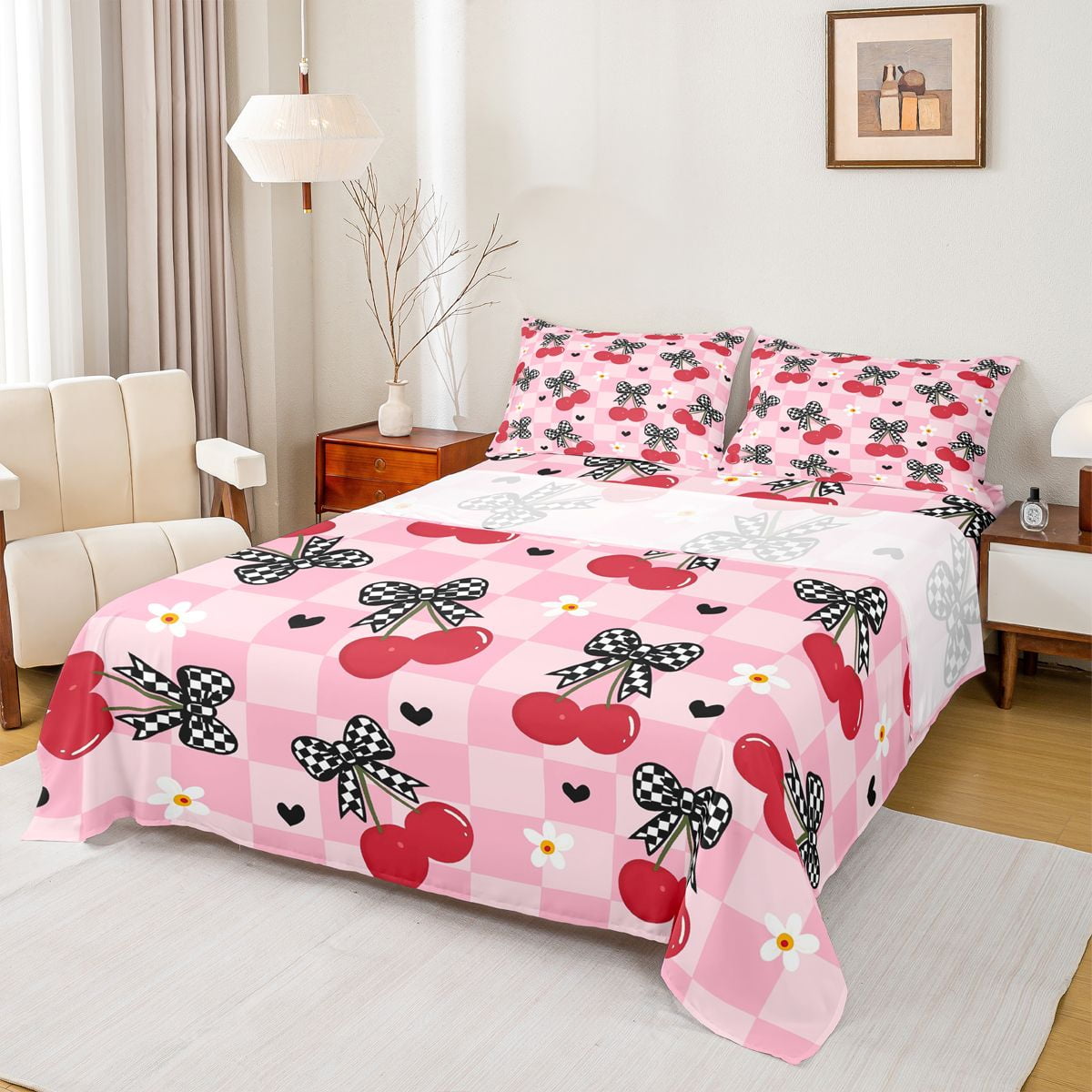 Feelyou Bowknot Cherry Kids Queen Sheet Sets, Pink Buffalo Plaid Bed ...