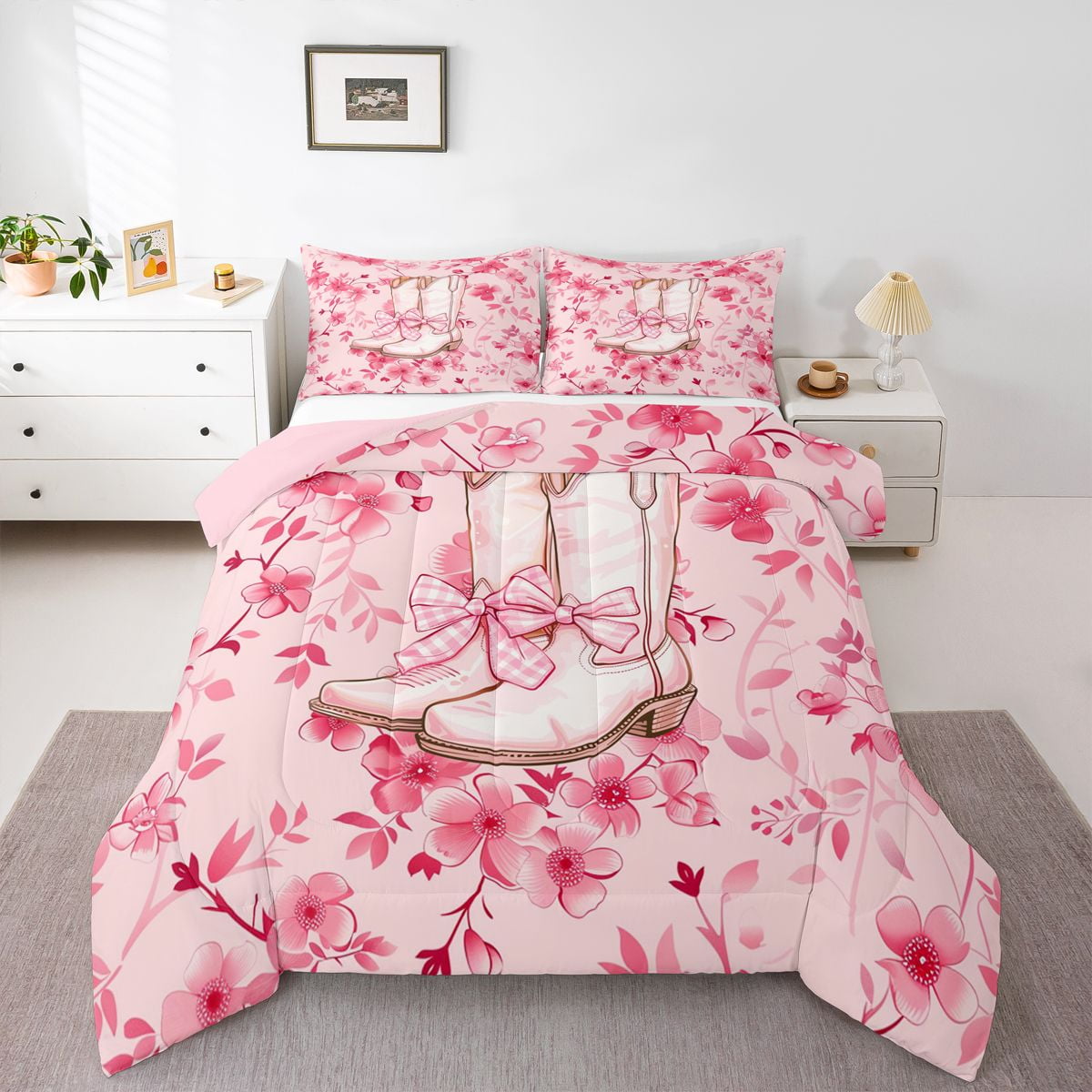 Feelyou Bowknot Cowgirl Boot Queen Comforter Set, Pink Blossoms Flower ...