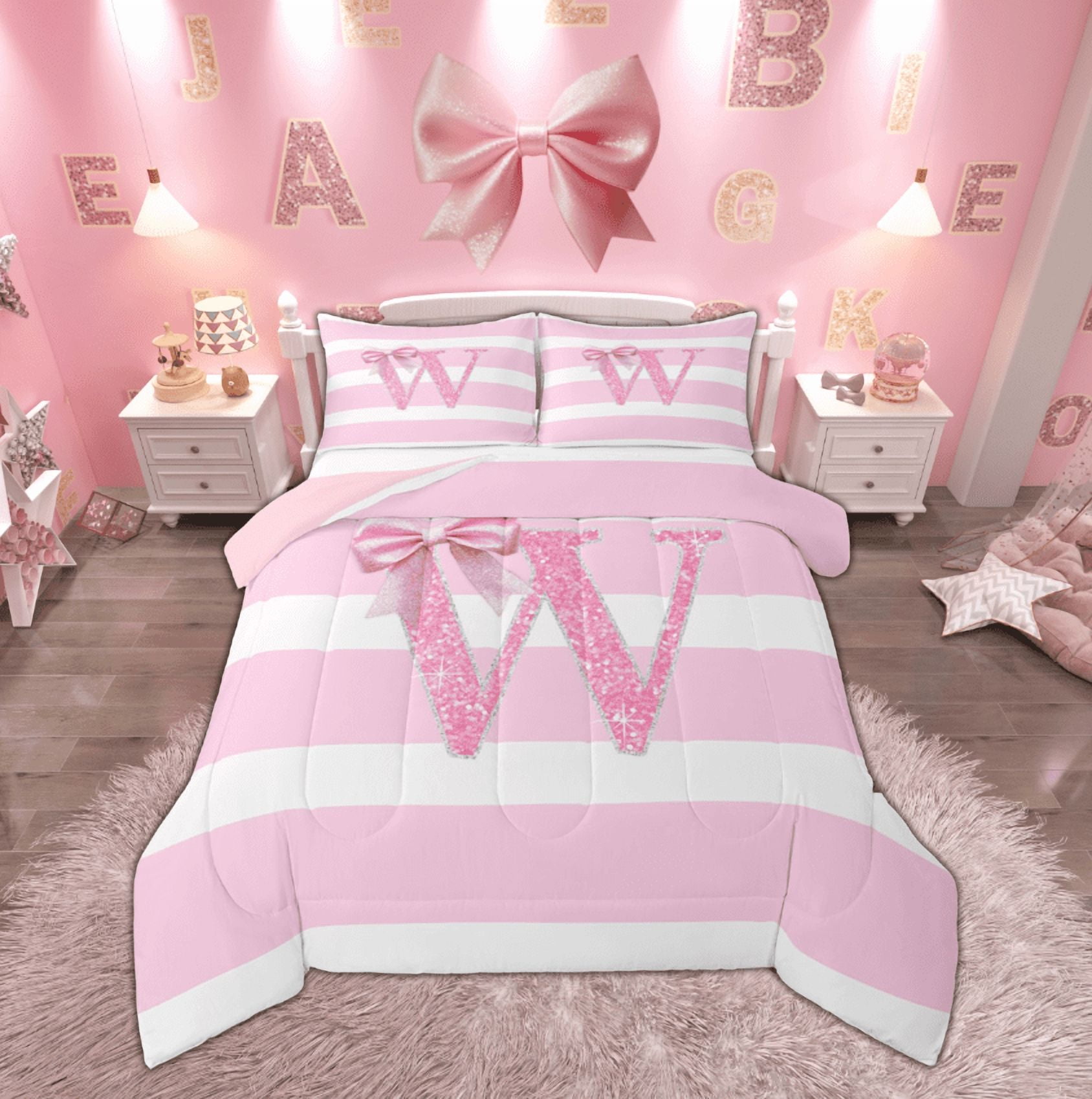 Feelyou Bowknot Glitter W Queen Comforter Set, Chic Initial Letter ...