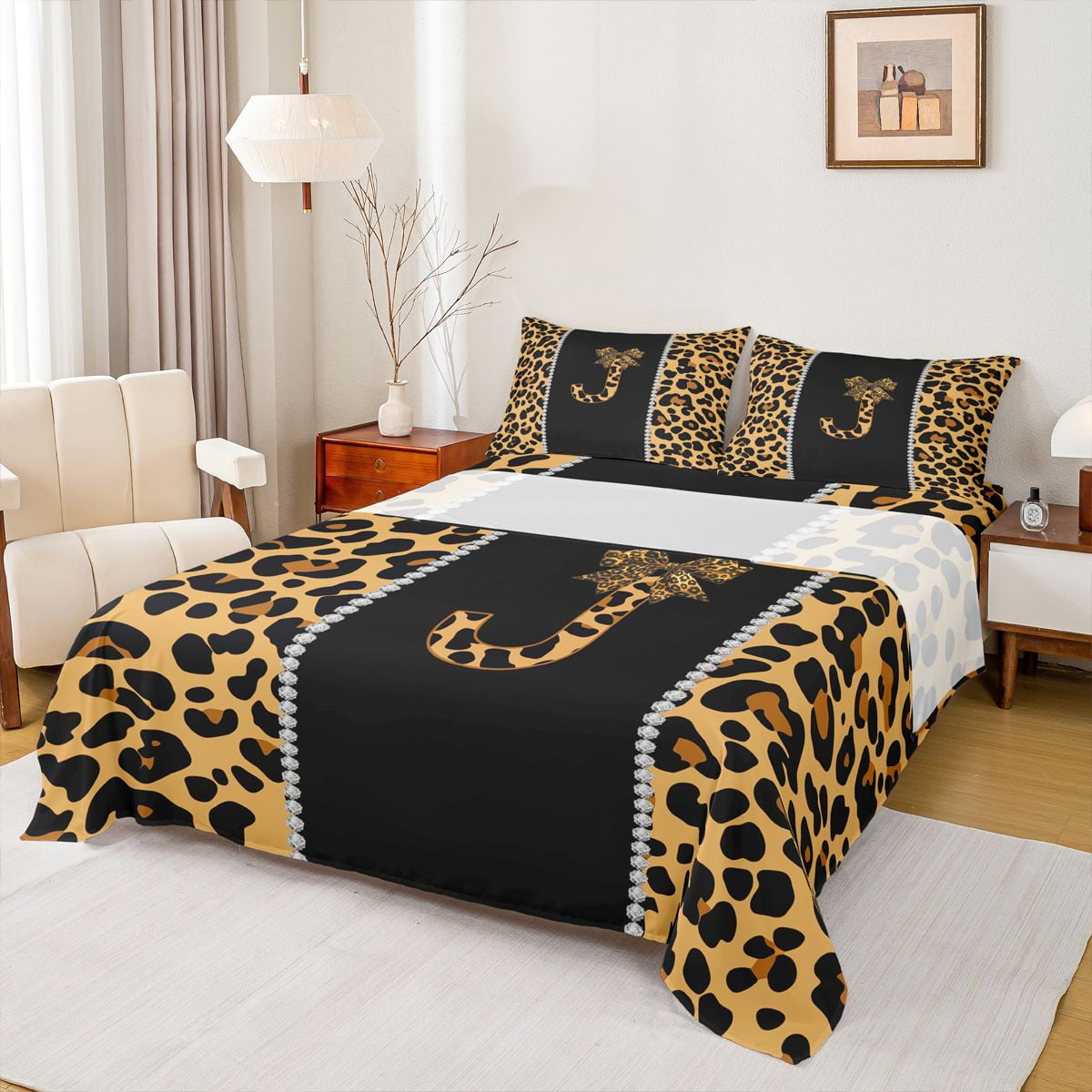 Feelyou Bowknot Monogrammed J Bed Sheets for Girl, Leopard Cheetah ...