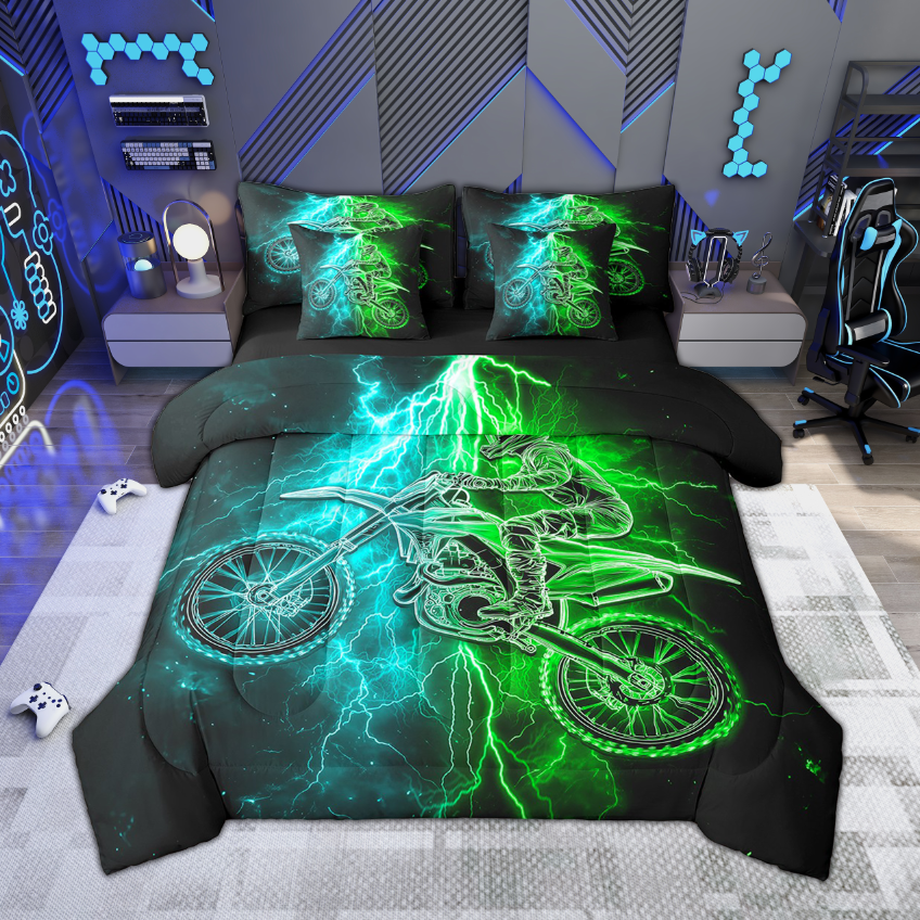 Feelyou Boys Dirt Bike Bedding Comforter Set 7 Pieces, Cyan Green ...