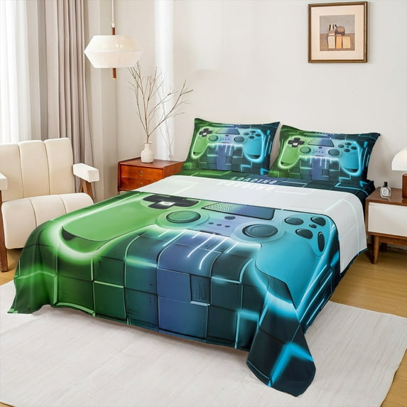Feelyou Boys Game Console Bed Sheets, Green Blue Modern Gamepad King ...