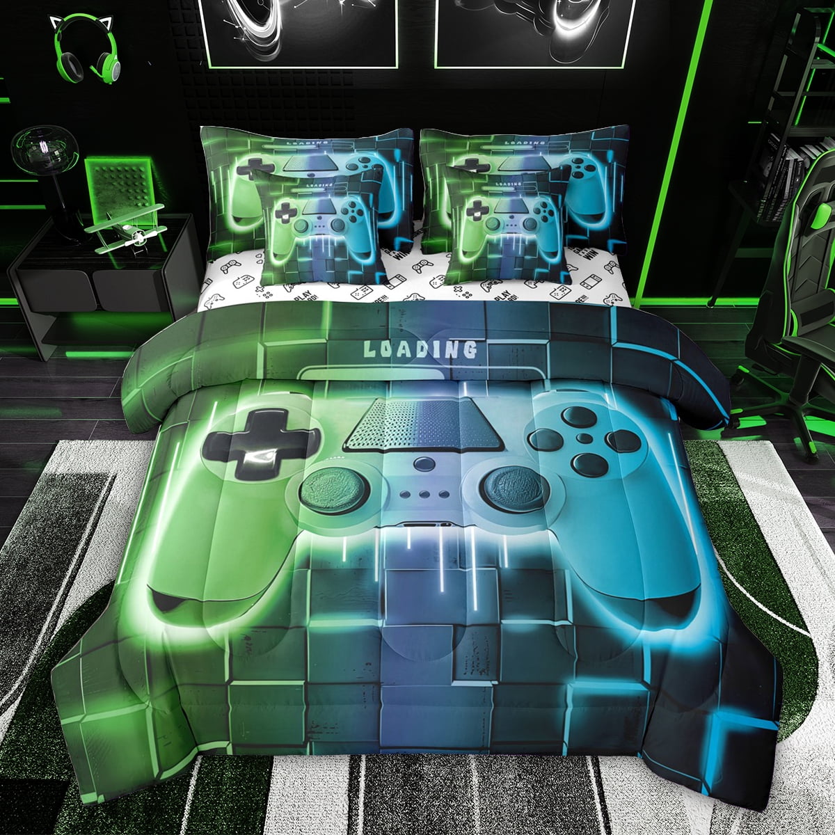 Feelyou Boys Game Console Bedding Comforter Set 7pcs, Green Blue Modern ...
