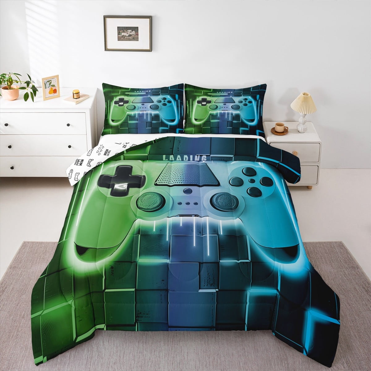 Feelyou Boys Game Console Bedding Comforter Set, Green Blue Modern ...