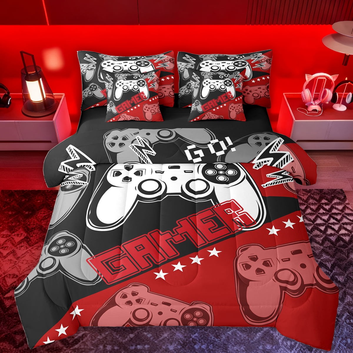 Feelyou Boys Gaming Gamer Bedding Comforter Set 7pcs, Red Game Console ...
