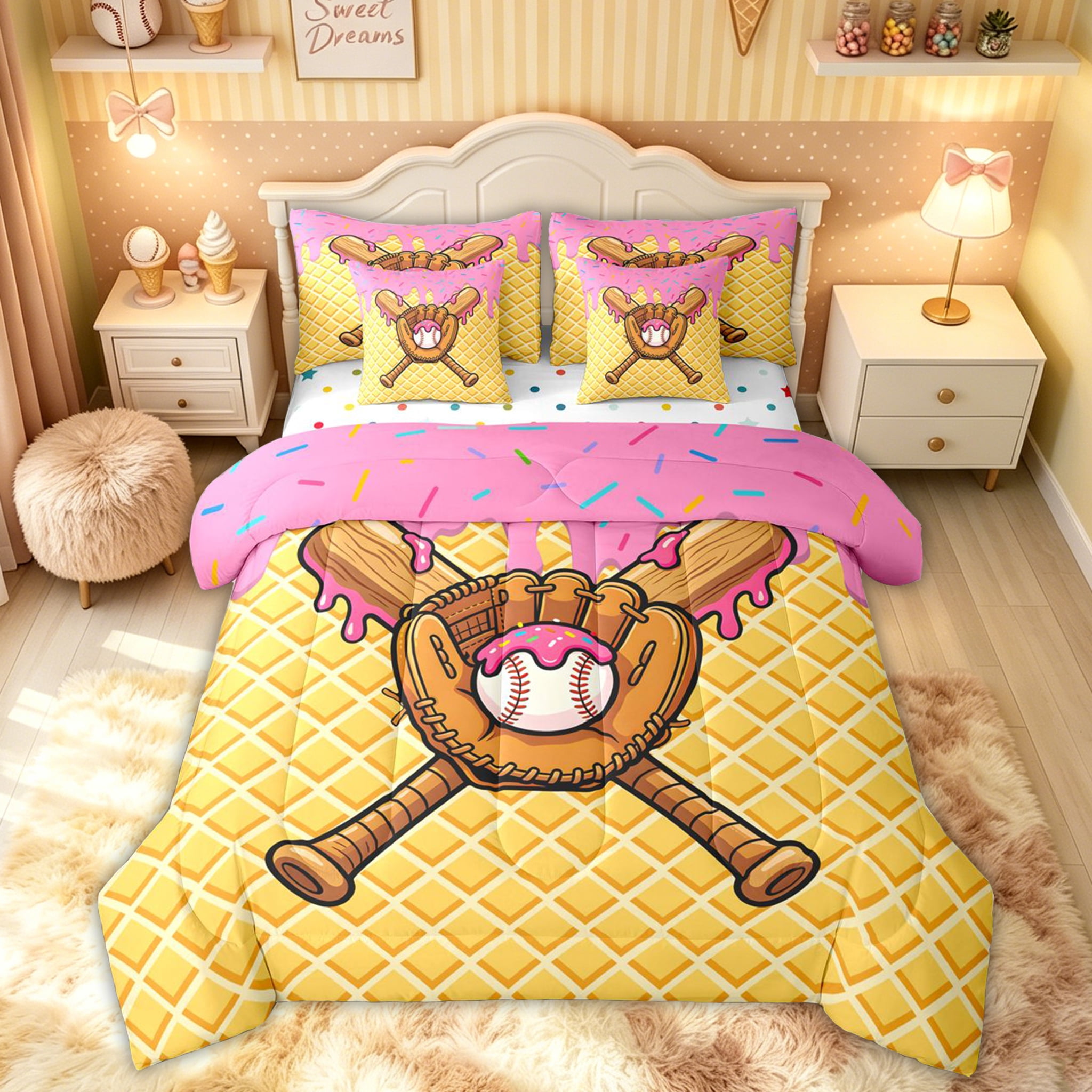Feelyou Brown Baseball Glove King Bedding for Kids, Ice Cream Waffle ...