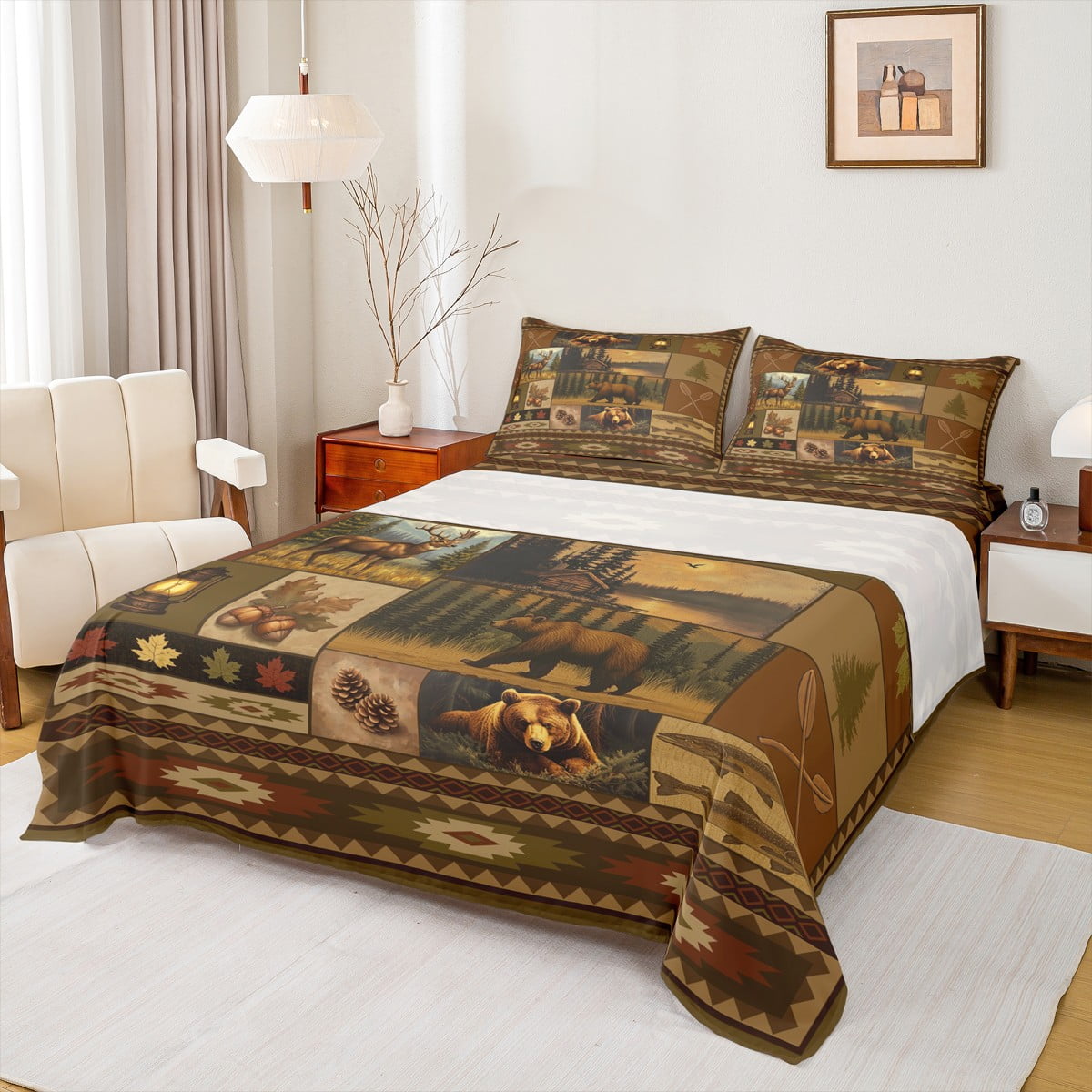 Feelyou Brown Bohemian Aztec Queen Sheet Sets, Wildlife Bear Flat Sheet ...