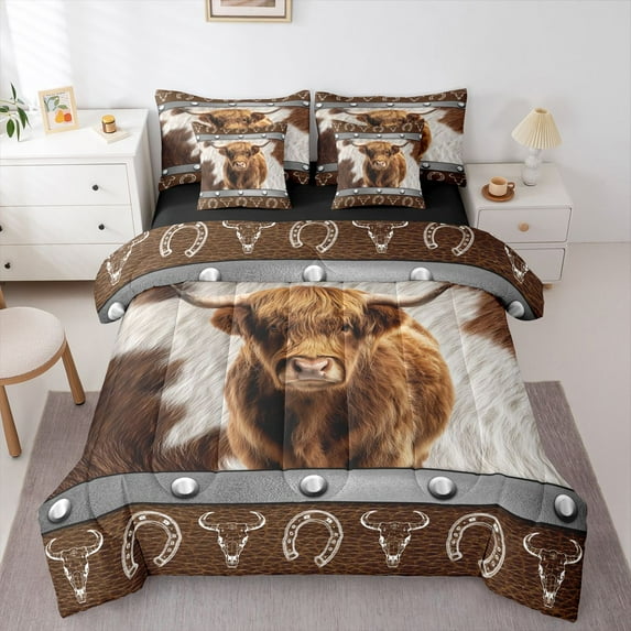 Feelyou Brown Cow Bedding Comforter Set 7-Piece, Hippie Style Full ...