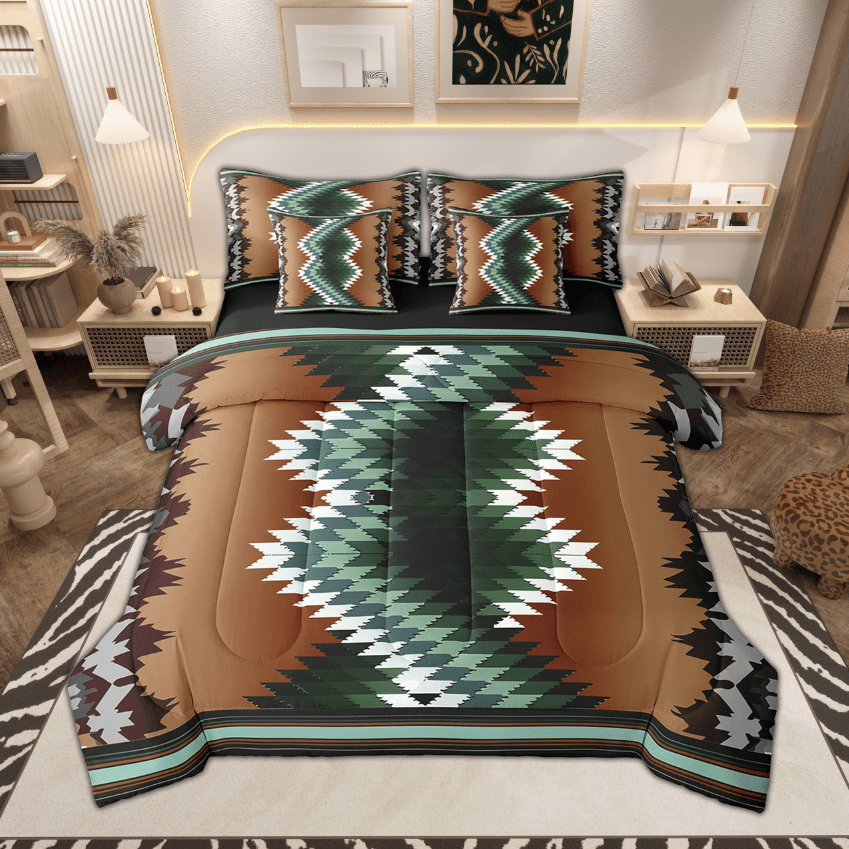 Feelyou Brown Green Aztec Bedding Comforter Set 7 Pieces, Geometric ...