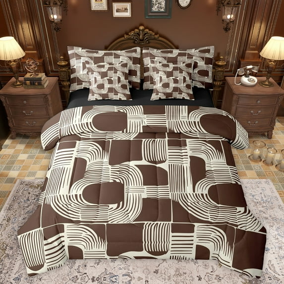 Feelyou Brown Stripe Abstract Bedding Comforter Set 7 Pieces, Minimalst ...