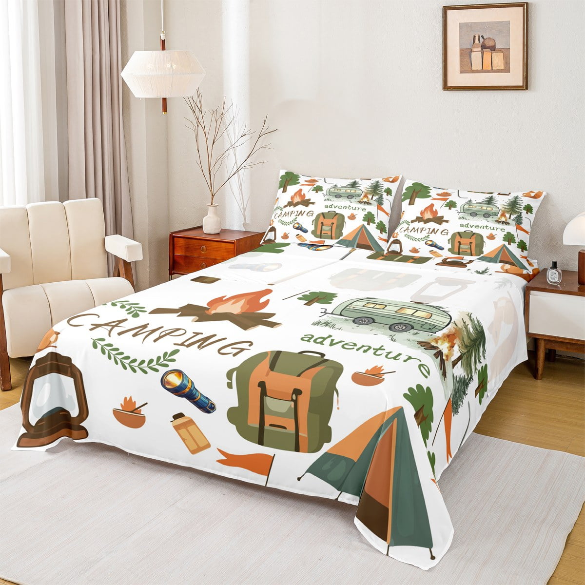Feelyou Camping Adventure Twin Sheet Sets for Kids, Travel Trailer Campfire Twin Fitted Sheet ...