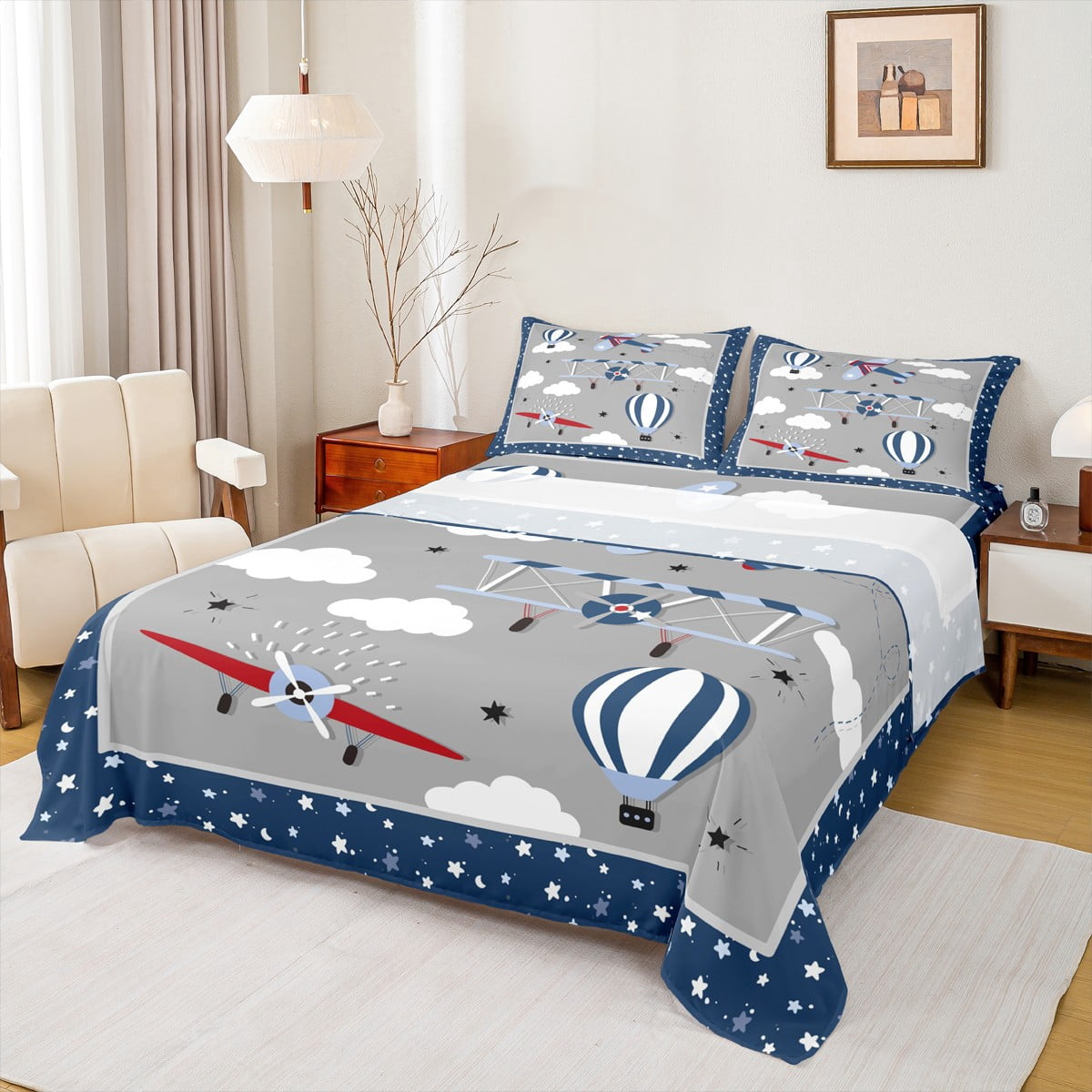 Feelyou Cartoon Airplane Queen Sheet Sets for Kids Boys, Aircraft Hot ...