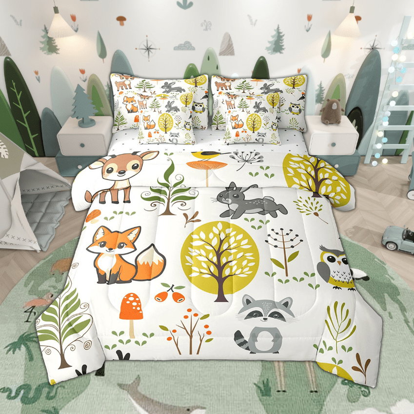 Feelyou Cartoon Animal Bedding Comforter Set 7 Pieces for Kids, Fox Raccoon Owl Rabbit Queen ...